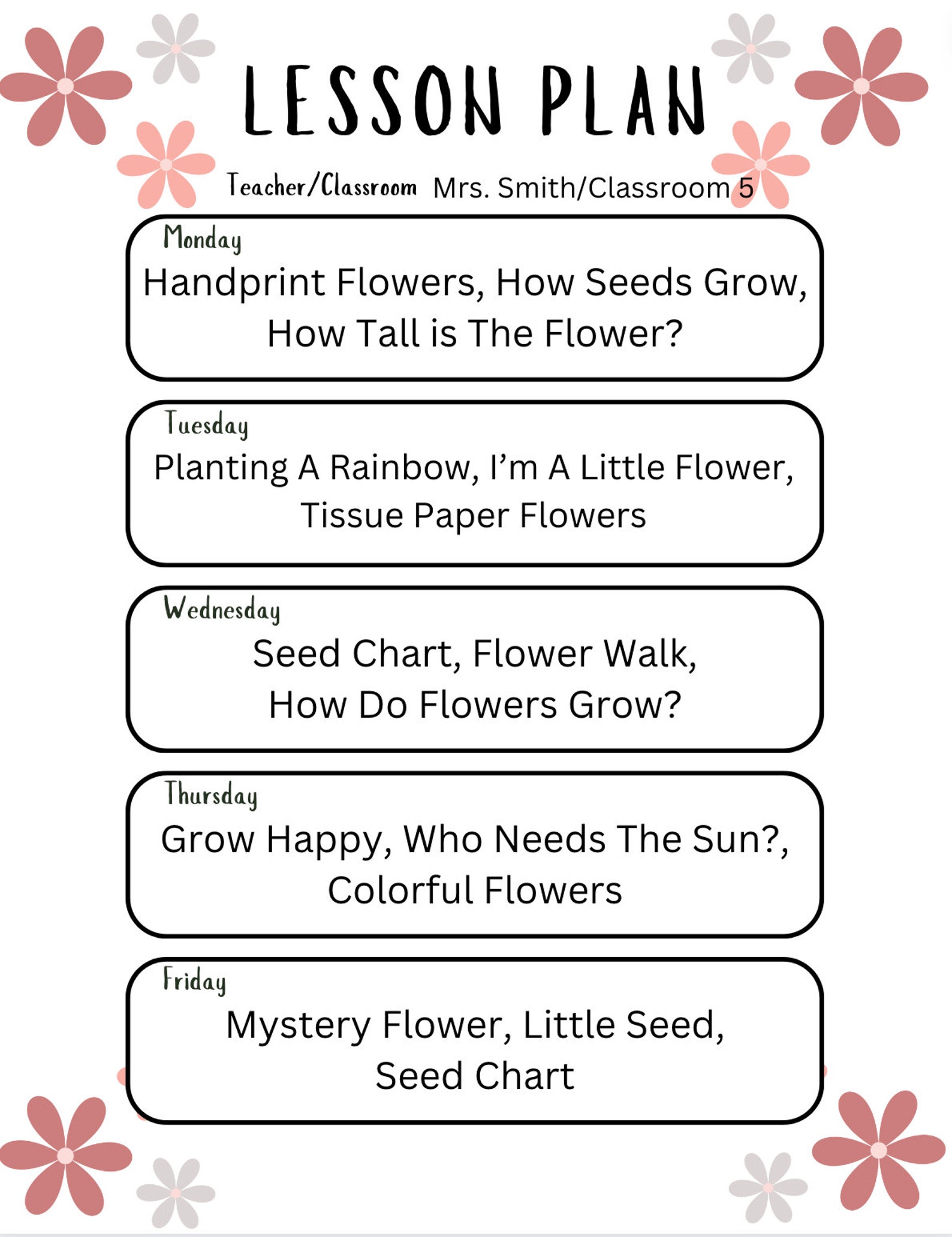 Daycare/preschool/pre~k/kindergarten/elementary Lesson Plan Template ...