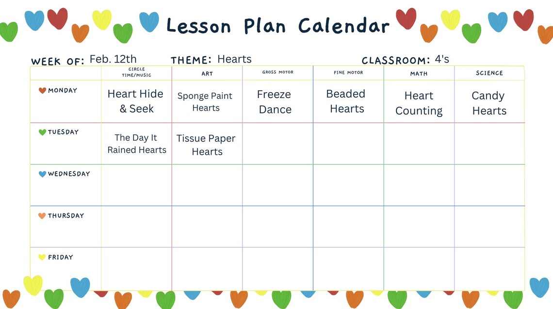 Rainbow Hearts Lesson Plan Template: Weekly Planner (canva & PDF) - Etsy