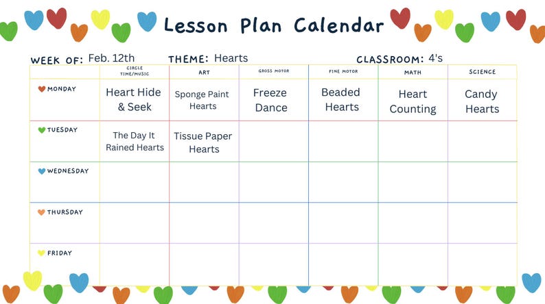 Rainbow Hearts Lesson Plan Template: Weekly Planner (canva & PDF) - Etsy