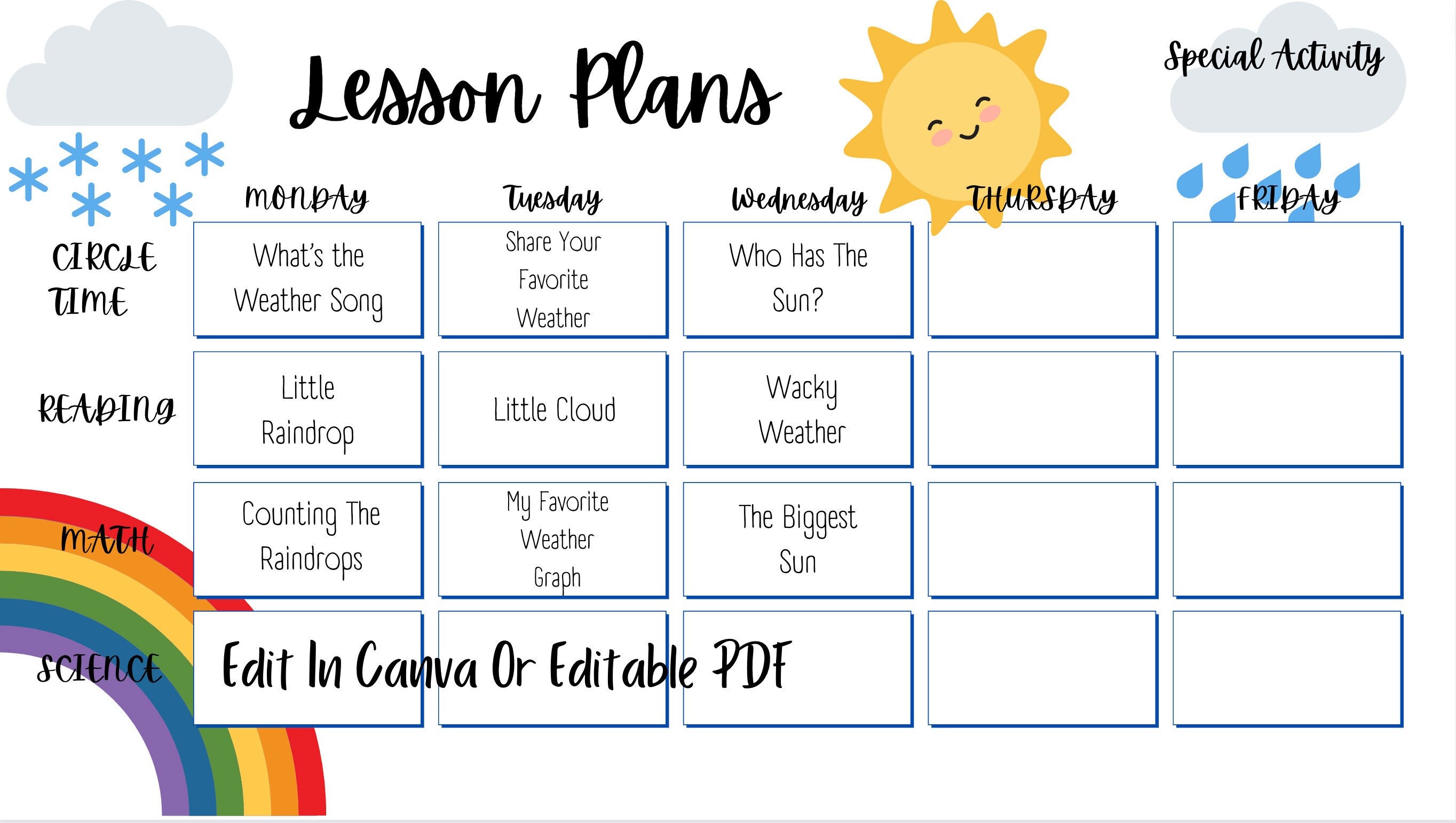 Weather Lesson Plan Template, Editable Weekly Planner (canva & PDF) - Etsy