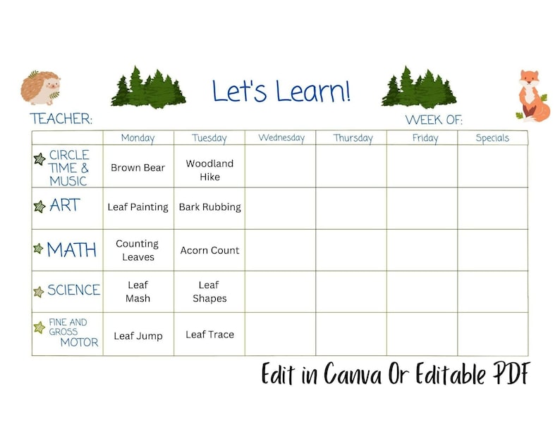 Forest Theme Lesson Plan Template: Weekly Planner (canva & PDF) - Etsy