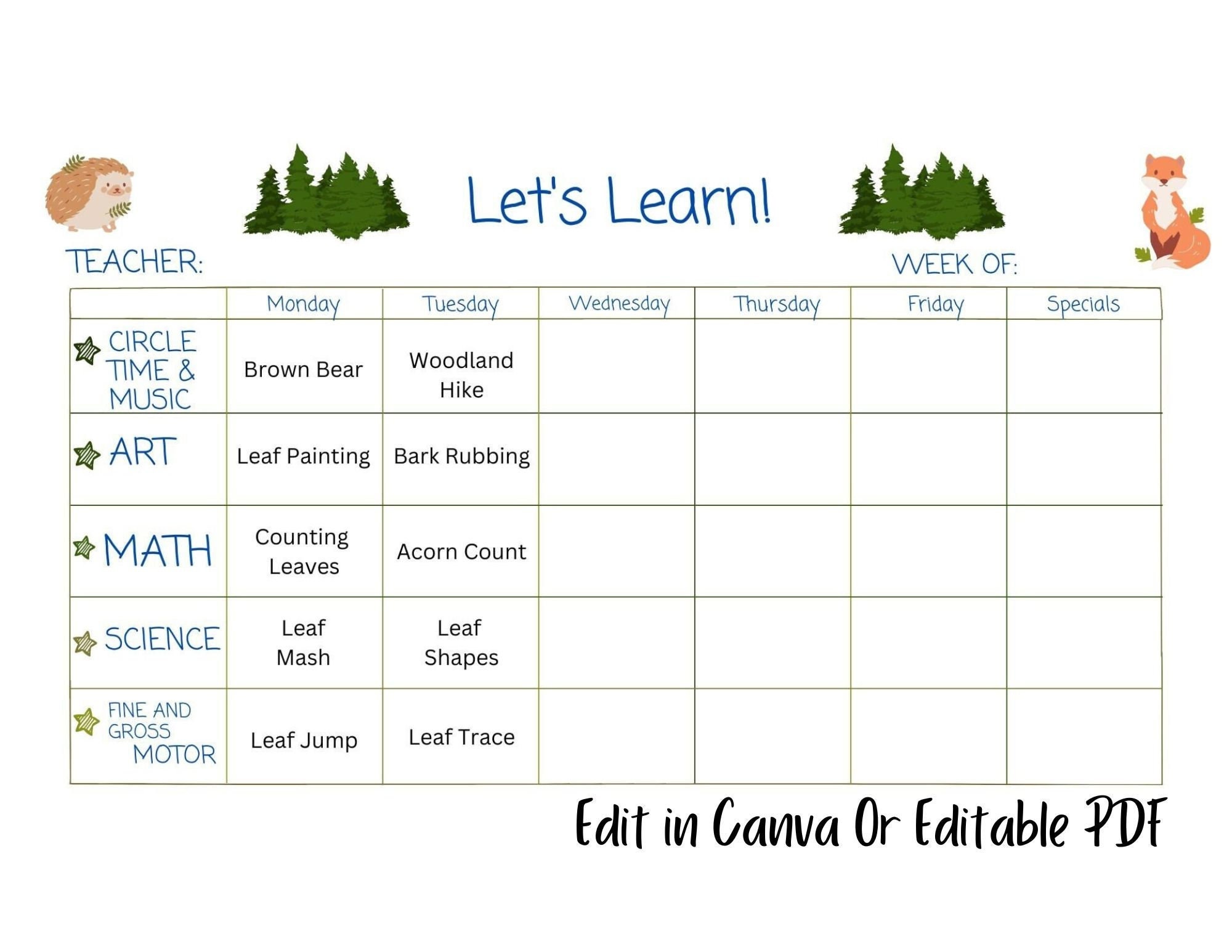 Forest Theme Lesson Plan Template: Weekly Planner (canva & PDF) - Etsy