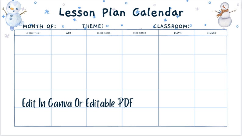 Snowmen Lesson Plan Calendar, Classroom Printable (canva & PDF) - Etsy