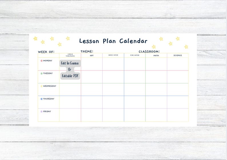 Stars Lesson Plan Template, Weekly Planner, Editable PDF, Canva ...