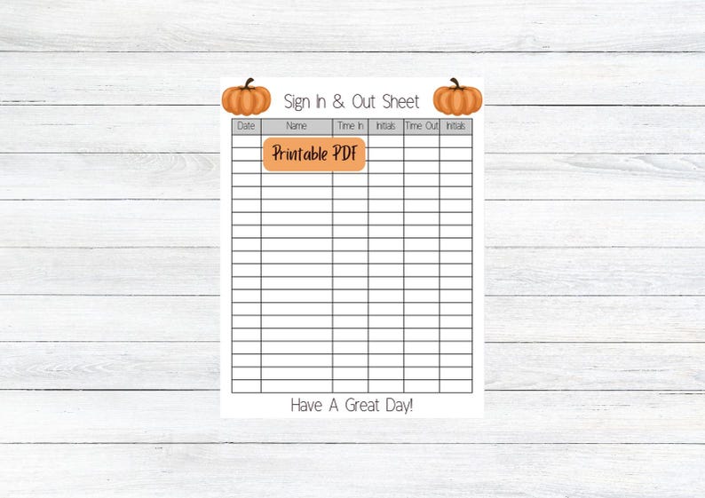 Parent Sign in & Out Form: Daycare, Preschool (PDF), Pumpkin Fall Theme ...