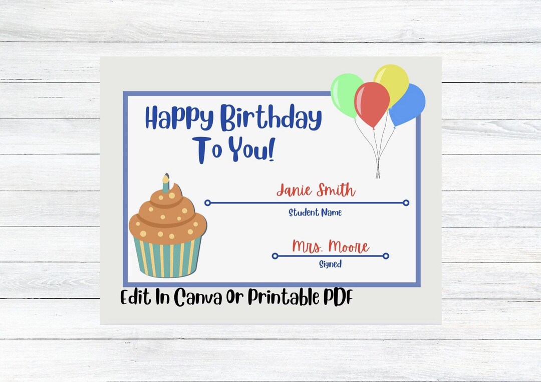 Happy Birthday Classroom Card, Student Birthday Certificate, PDF ...