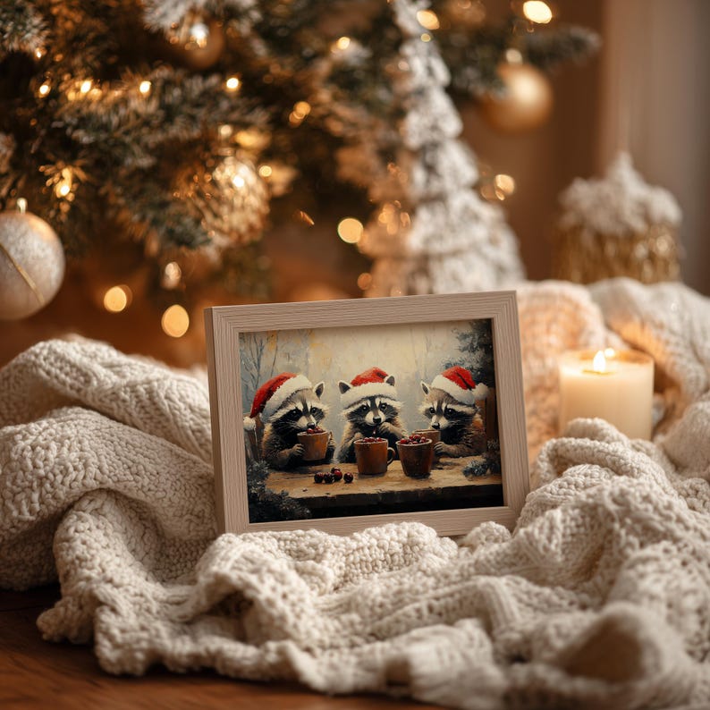 Christmas Raccoons With Santa Hats Printable - Cozy Holiday Wall Art ...