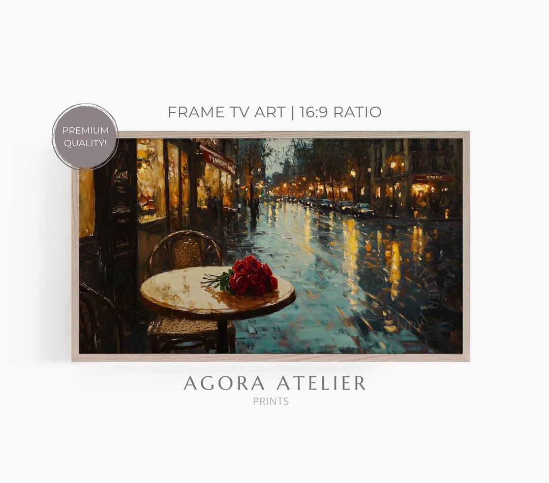 Vintage Parisian Frame TV Art, Moody Café Scene With Roses and Wicker ...