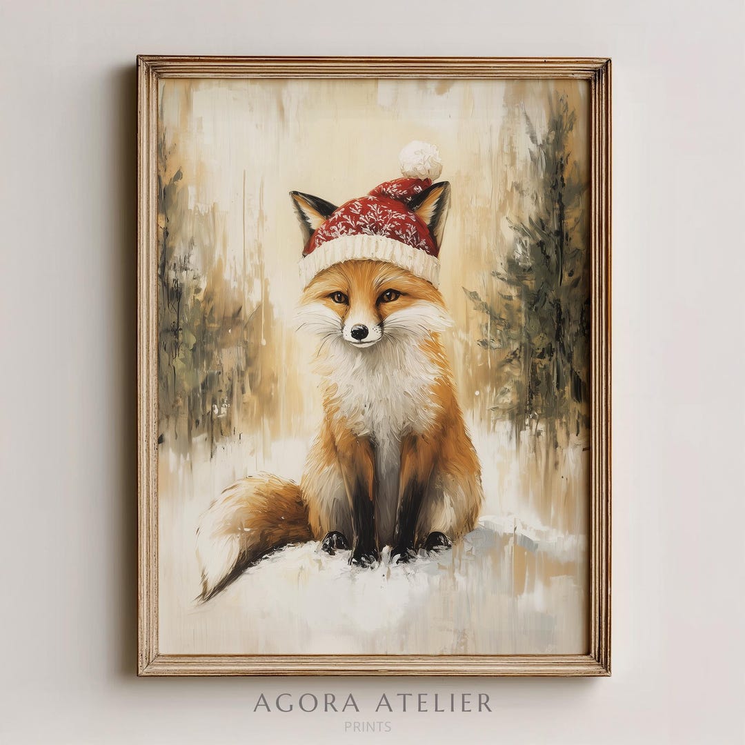 Rustic Red Fox in Knit Hat Winter Print Cozy Digital Art Neutral Snowy ...