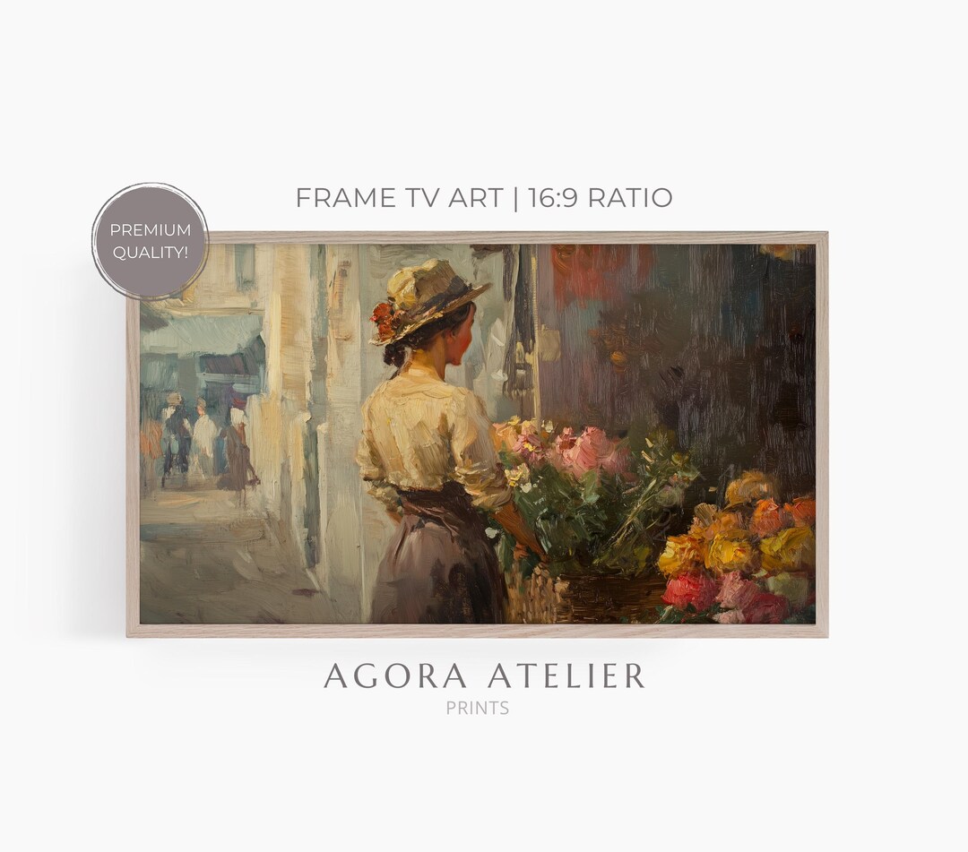Vintage Market Lady Romantic Frame TV Art, Early 1900s Flower Stall ...