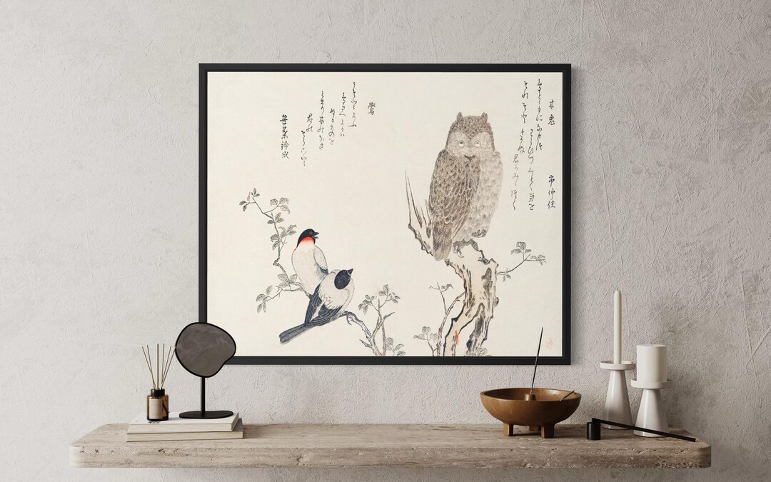 Japanese Owl and Songbirds Wall Art | Vintage Bird Illustration Print ...