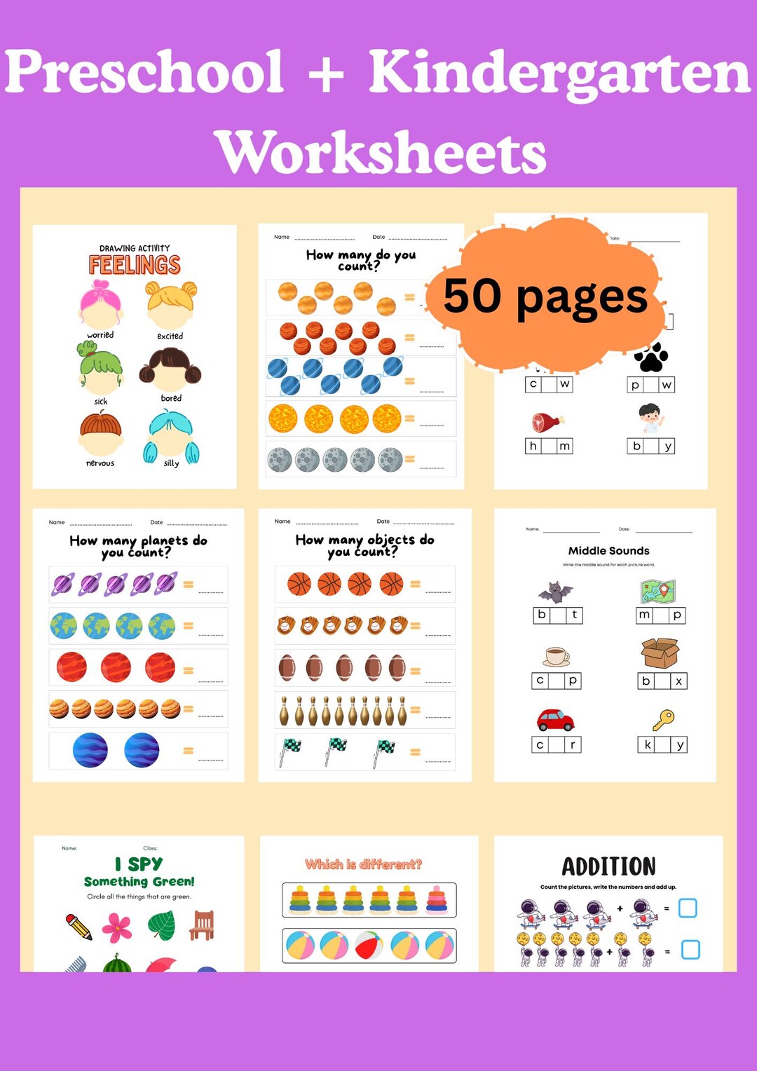 Preschool Kindergarten Learning Bundle | 50 Pages | Printable Activity ...