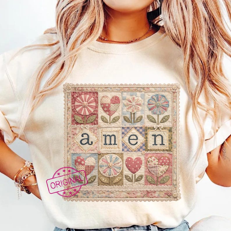 Cottagecore Faith Amen PNG, Amen Patchwork Quilt With Flowers and ...