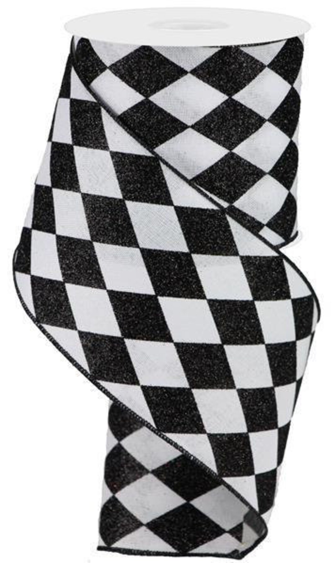 Black and White Glittered Harlequin Check Wired Ribbon Matching Satin ...