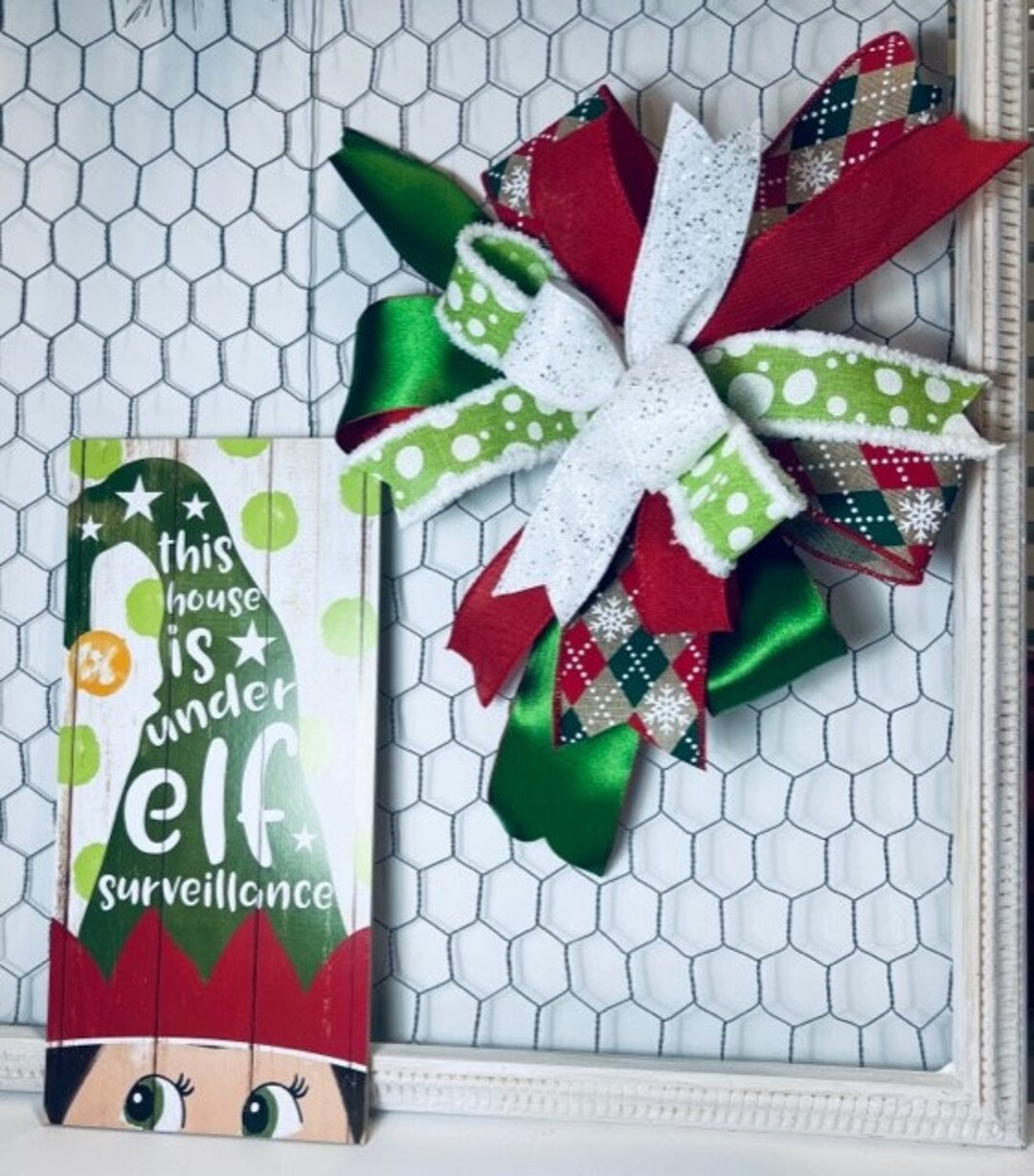 Christmas Bow Set Elf Surveillance Sign With Matching Large Bow Wood ...