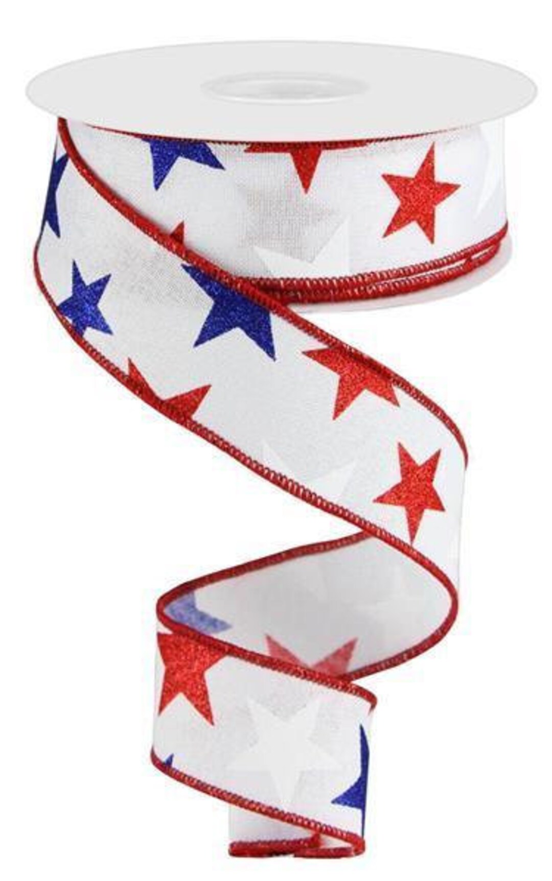 Red White Blue Stars on a White Royal Burlap Wired Ribbon With a Red ...