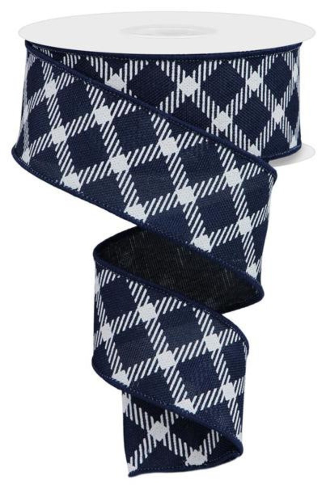 Wired Ribbon Diamond Check Navy Blue and White Checks on Royal Burlap ...