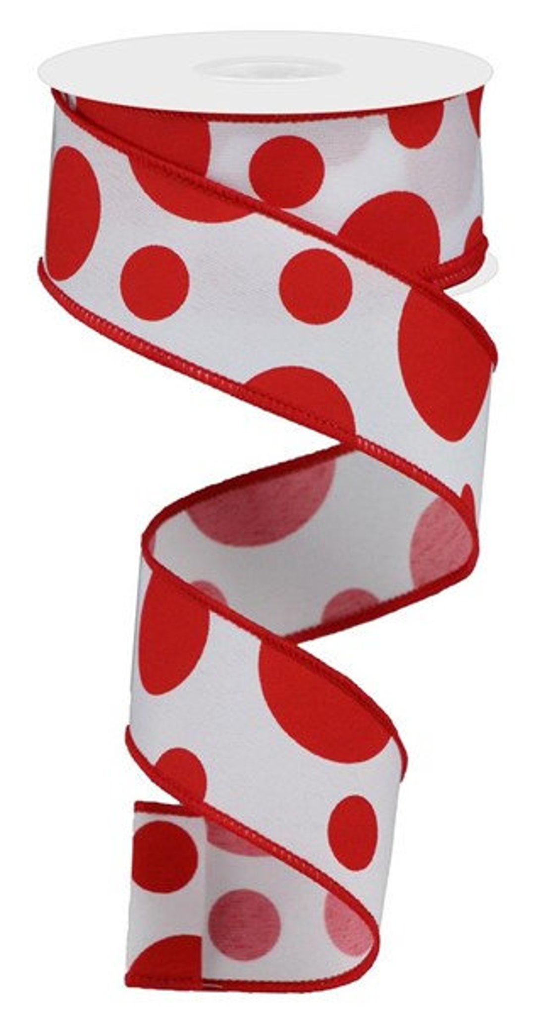 Giant 3 Size Red Dots on White Wired PJ Ribbon Finished in a Matching ...