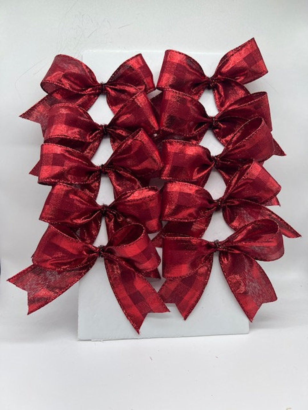 Christmas Decorative Red Metallic Check Bows/ Set 10 Bows/ Christmas ...