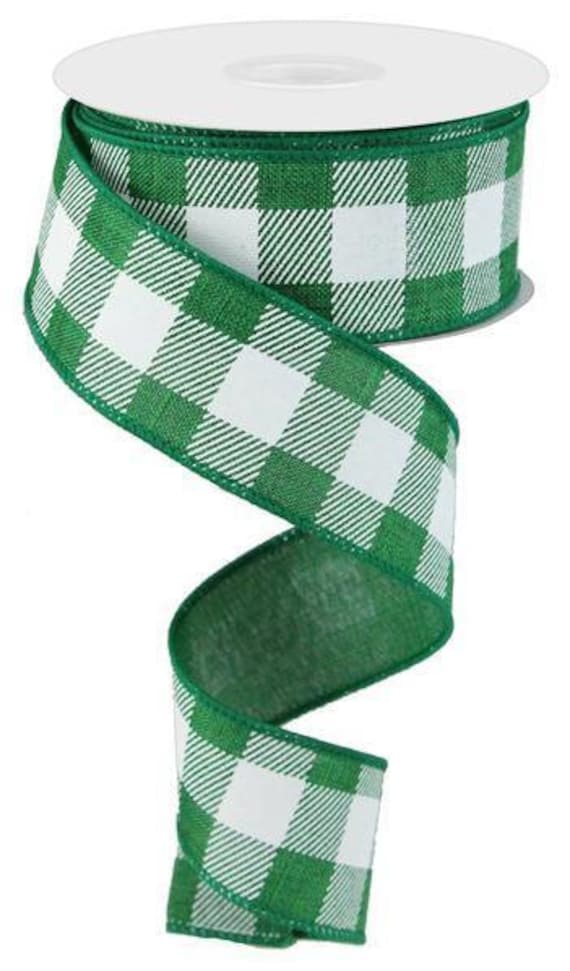 Wired Ribbon Check Emerald Green With White Checks on Royal - Etsy