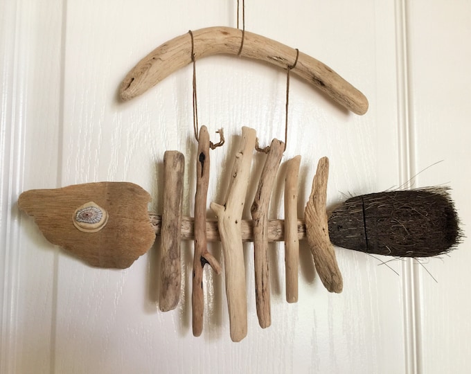 Skeleton Fish Driftwood Coastal Decor Wall Hanging Outdoor Seashell ...