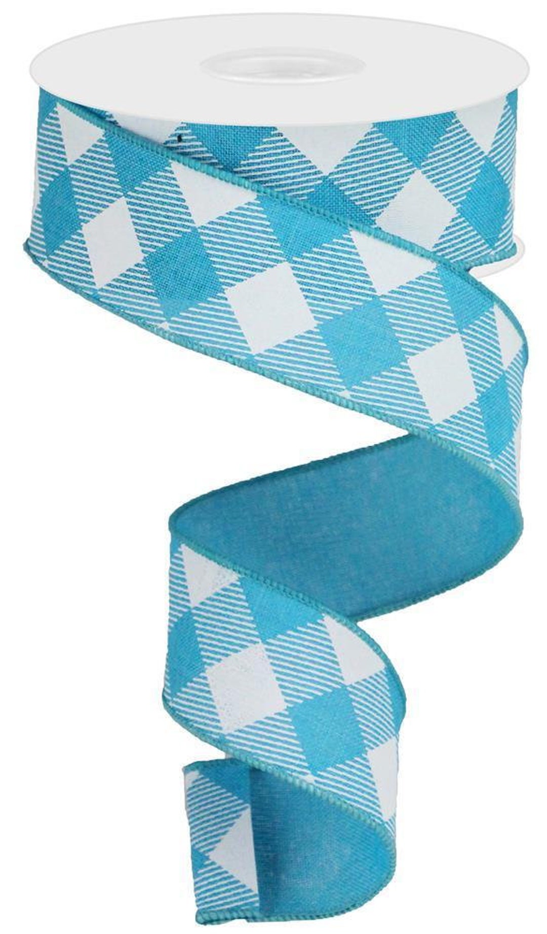 Wired Ribbon Diagonal Check Aqua Blue With White Checks on Royal Burlap ...