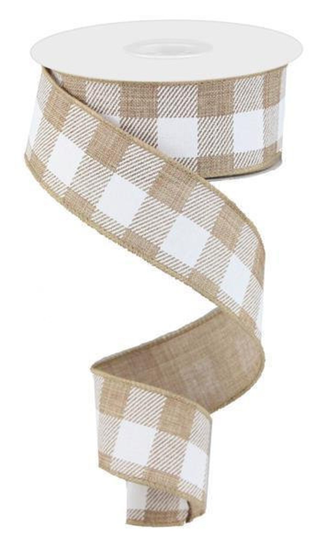 Wired Ribbon Check Tan With White Checks on Royal Burlap Finished in a ...