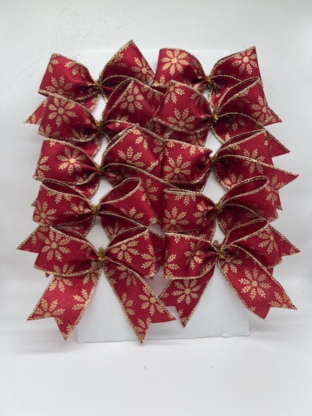 Decorative Red Ribbon With Gold Snow Flakes Bows/ Set 10 Bows ...