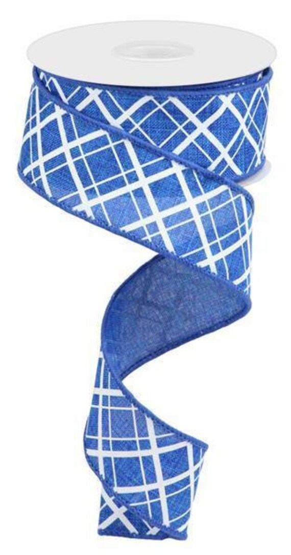 Wired Ribbon Line Check Brite Blue With White Checks on Royal - Etsy