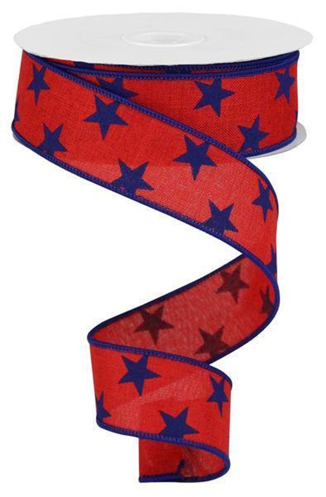Blue Stars on Red Royal Burlap Wired Ribbon With a Blue Satin Stitch ...