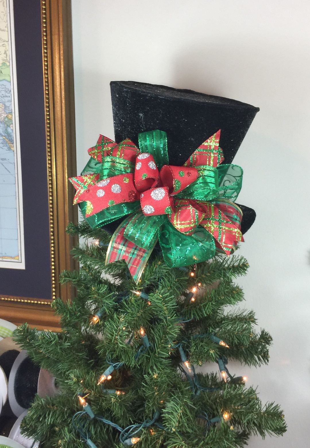 Black Top Hat Christmas Tree Topper Handmade Emerald Green Red Gold ...