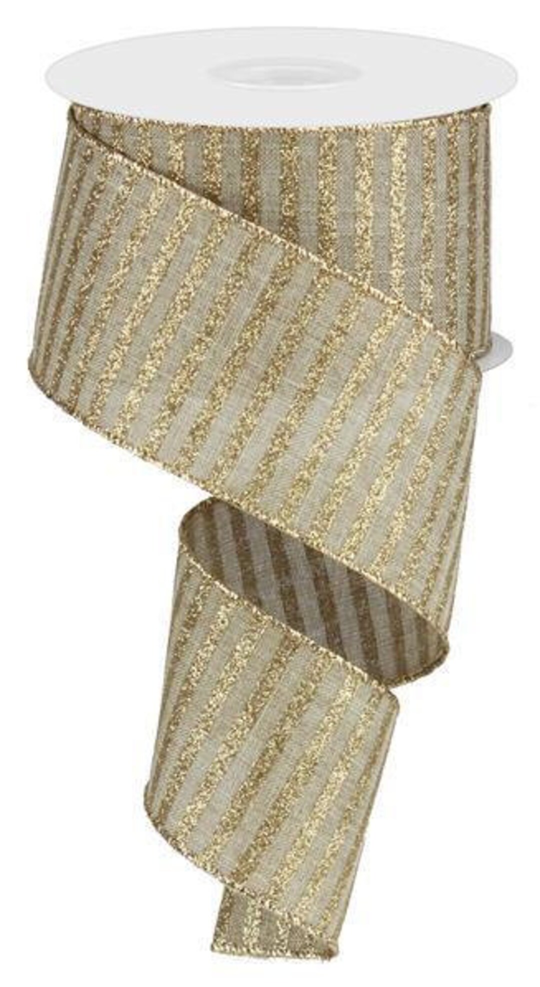 Natural Buff Wired Royal Burlap Ribbon With Gold Glittered Stripes 2.5 ...