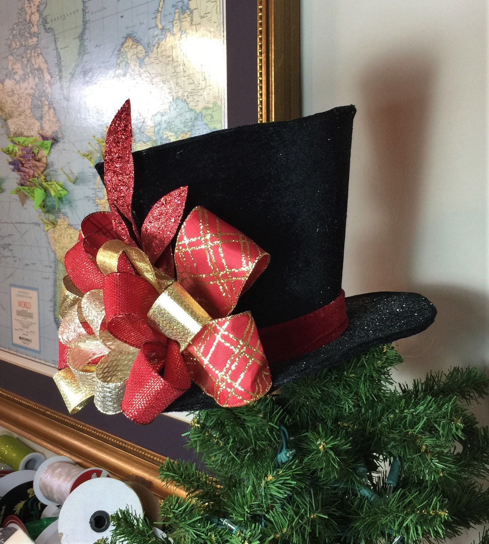 Black Top Hat Christmas Tree Topper With Red and Gold Bow and | Etsy