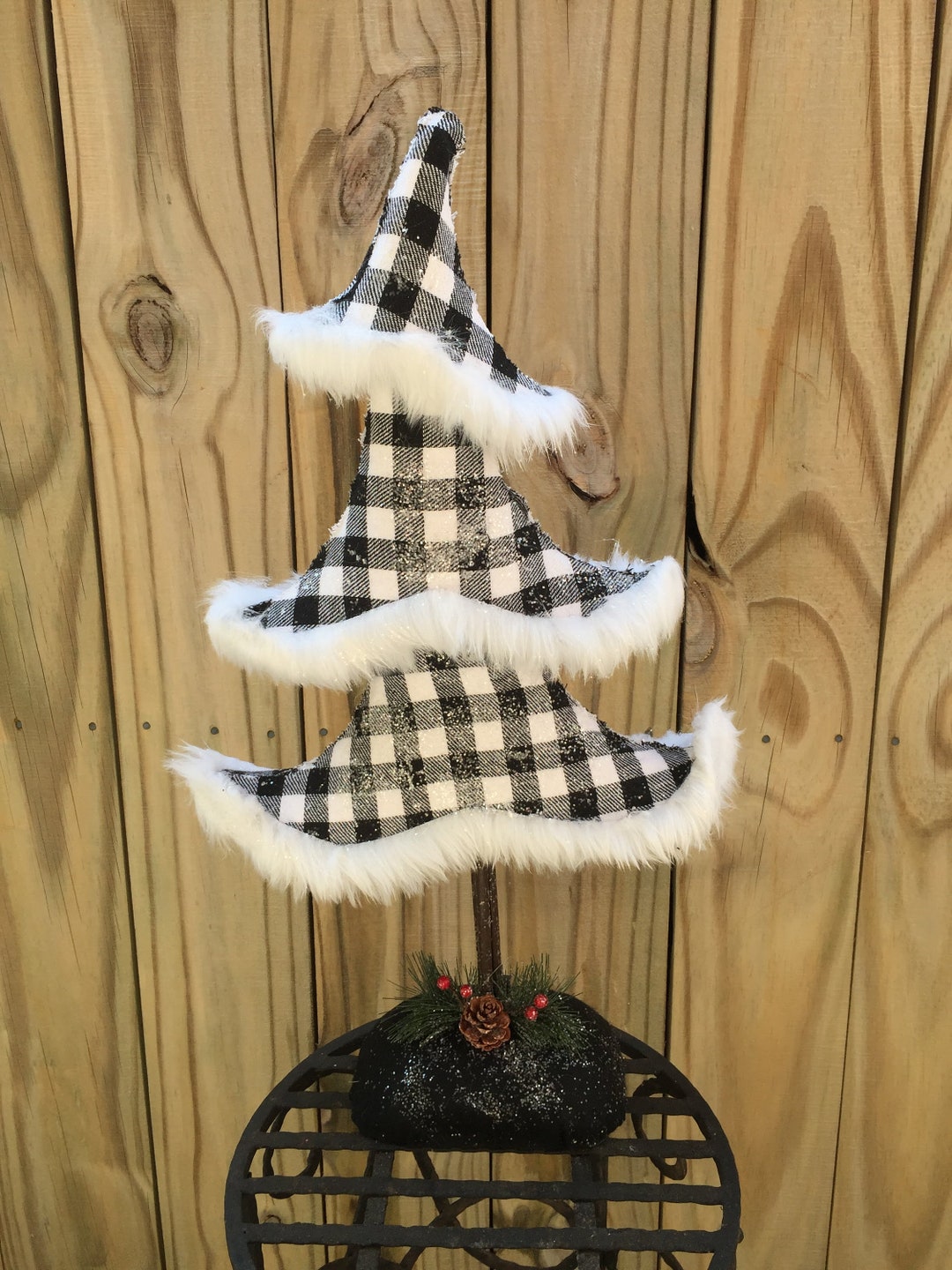 Large Black and White Buffalo Check Tree With Faux Fur Trim Decor - Etsy