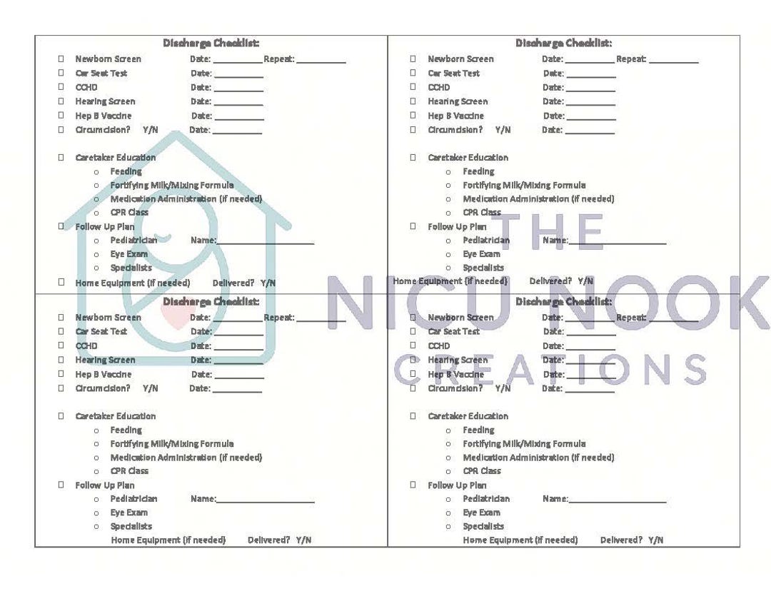 NICU Nurse Discharge Flowsheet Checklist | **digital Download Only** - Etsy