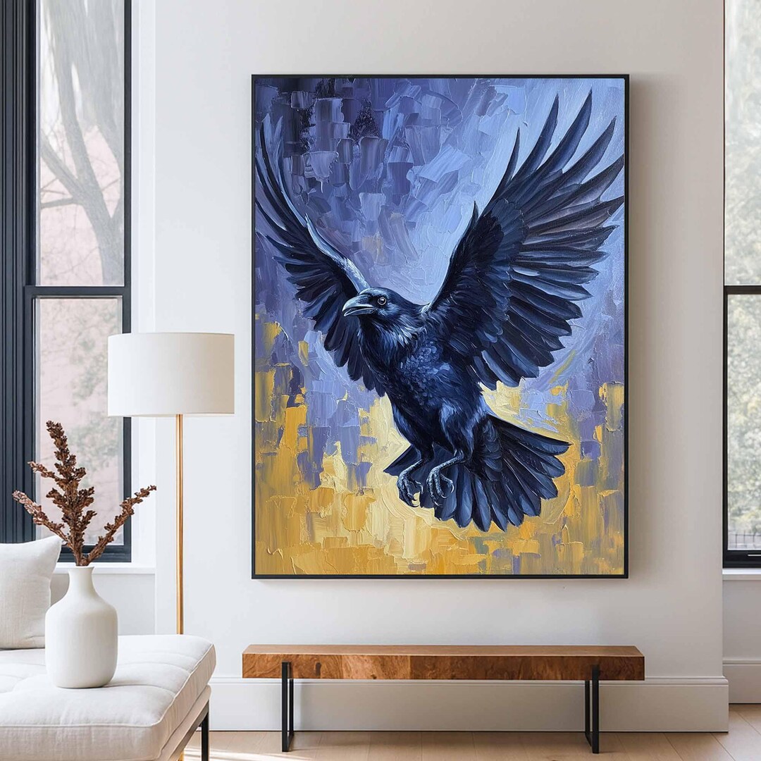 Original Raven Oil Painting on Canvas, Hand Painted Dark Bird Wall Art ...