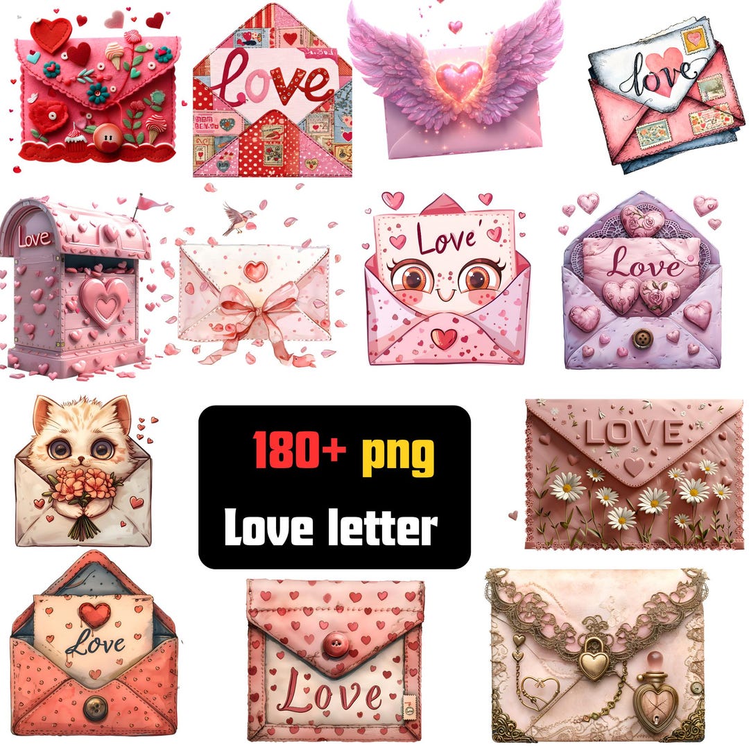 Valentine Letters Clipart Bundle, Love Notes, Envelopes (180+ Pngs ...