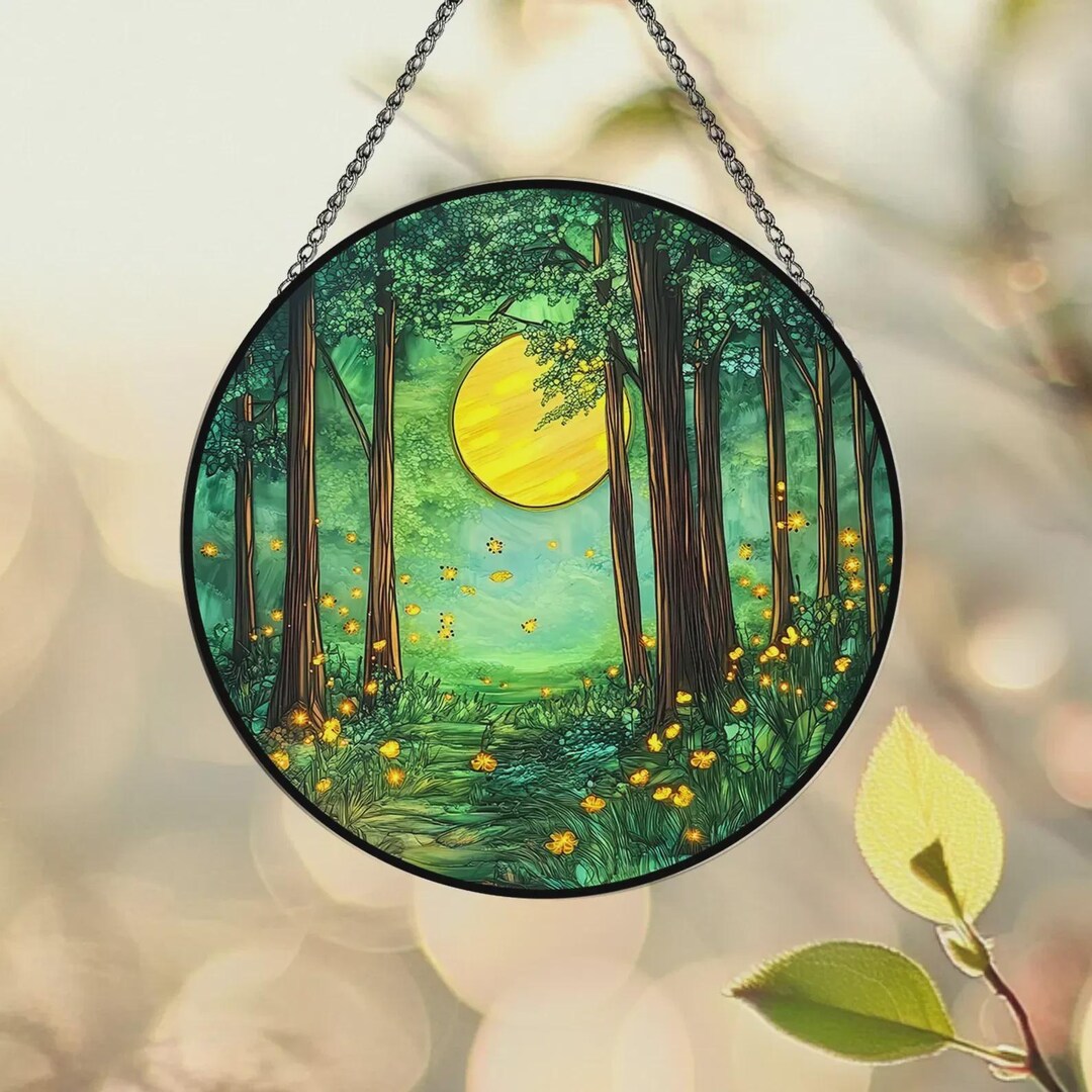 Stained Glass Forest Fireflies Moon Window Hanging Decoration Round ...