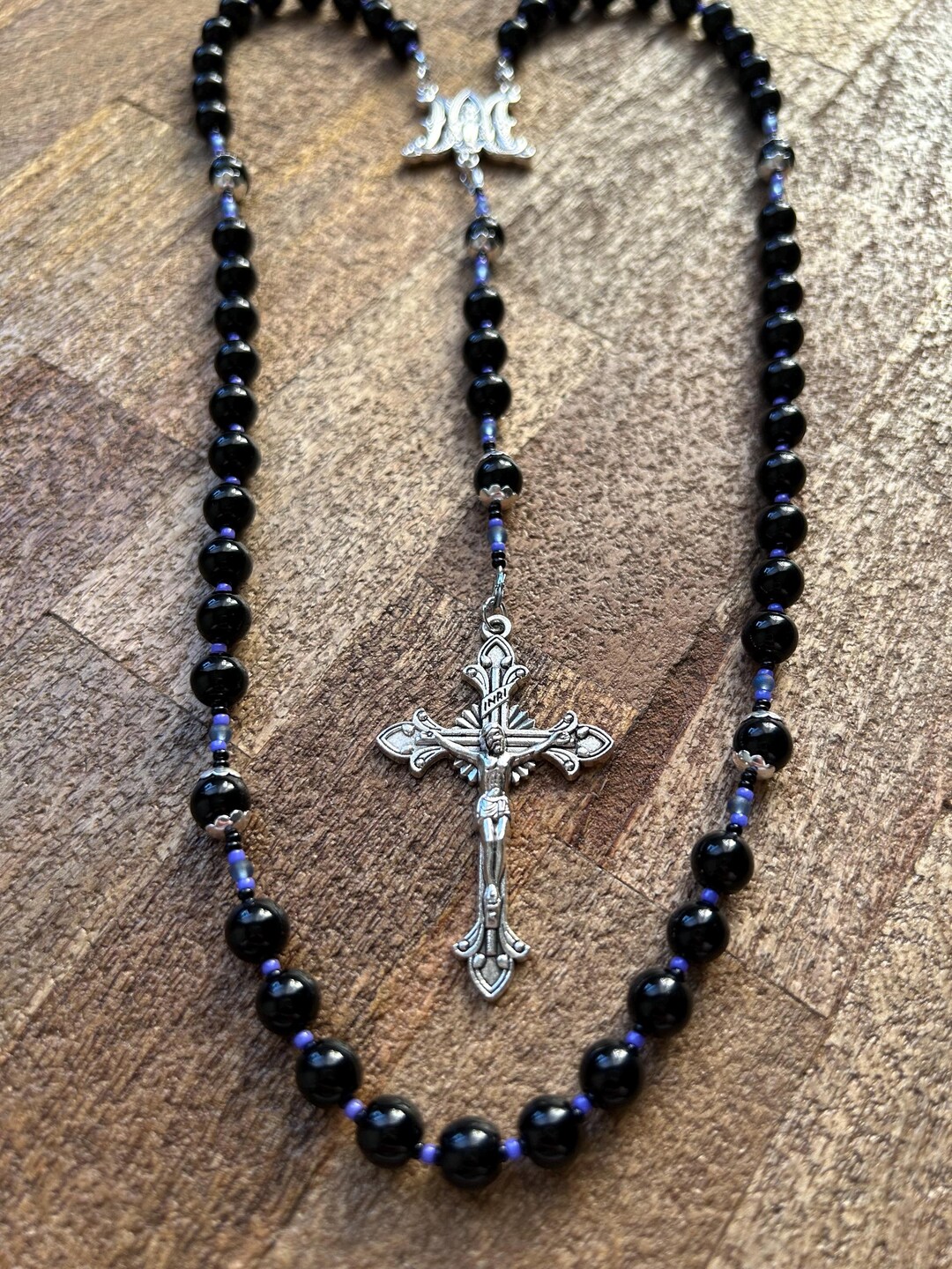 Handmade Rosary: Simple Design, Black, Silver, and Blue - Etsy