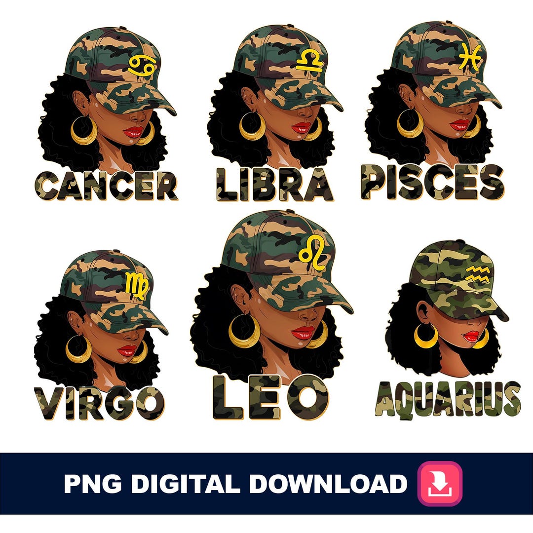 6 Camo Zodiac PNG Bundle, Urban Zodiac Sign With Camo Graphic Design ...