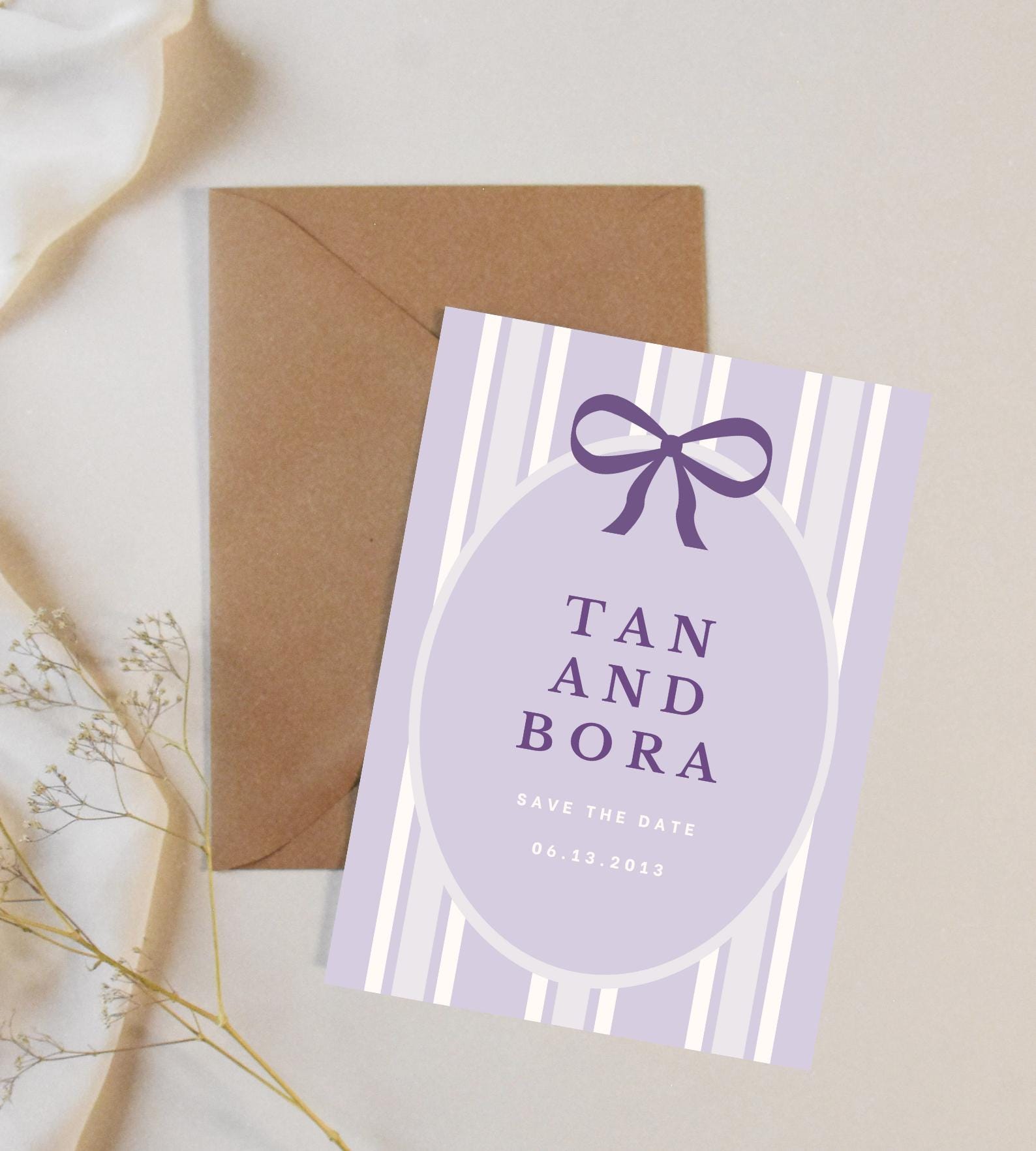 Striped and Bows Wedding Invitation Suite: Editable Canva Template ...