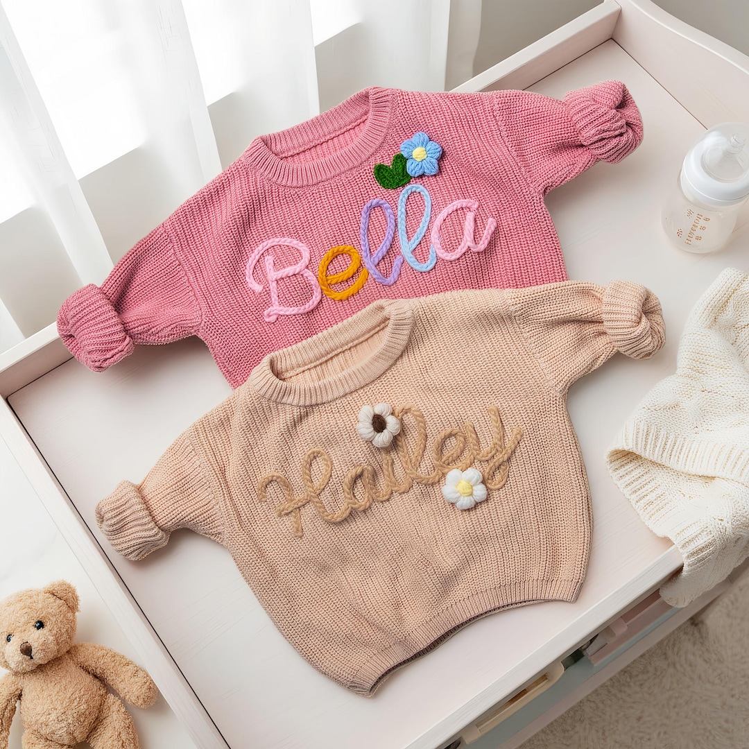 Personalized Baby Name Sweater, Hand Embroidery Sweaters, Custom Knit ...