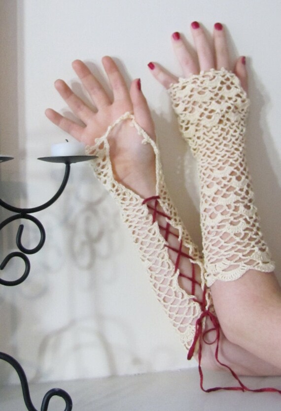 Items similar to Lace Gauntlet, crocheted in ivory with burgundy ribbon ...