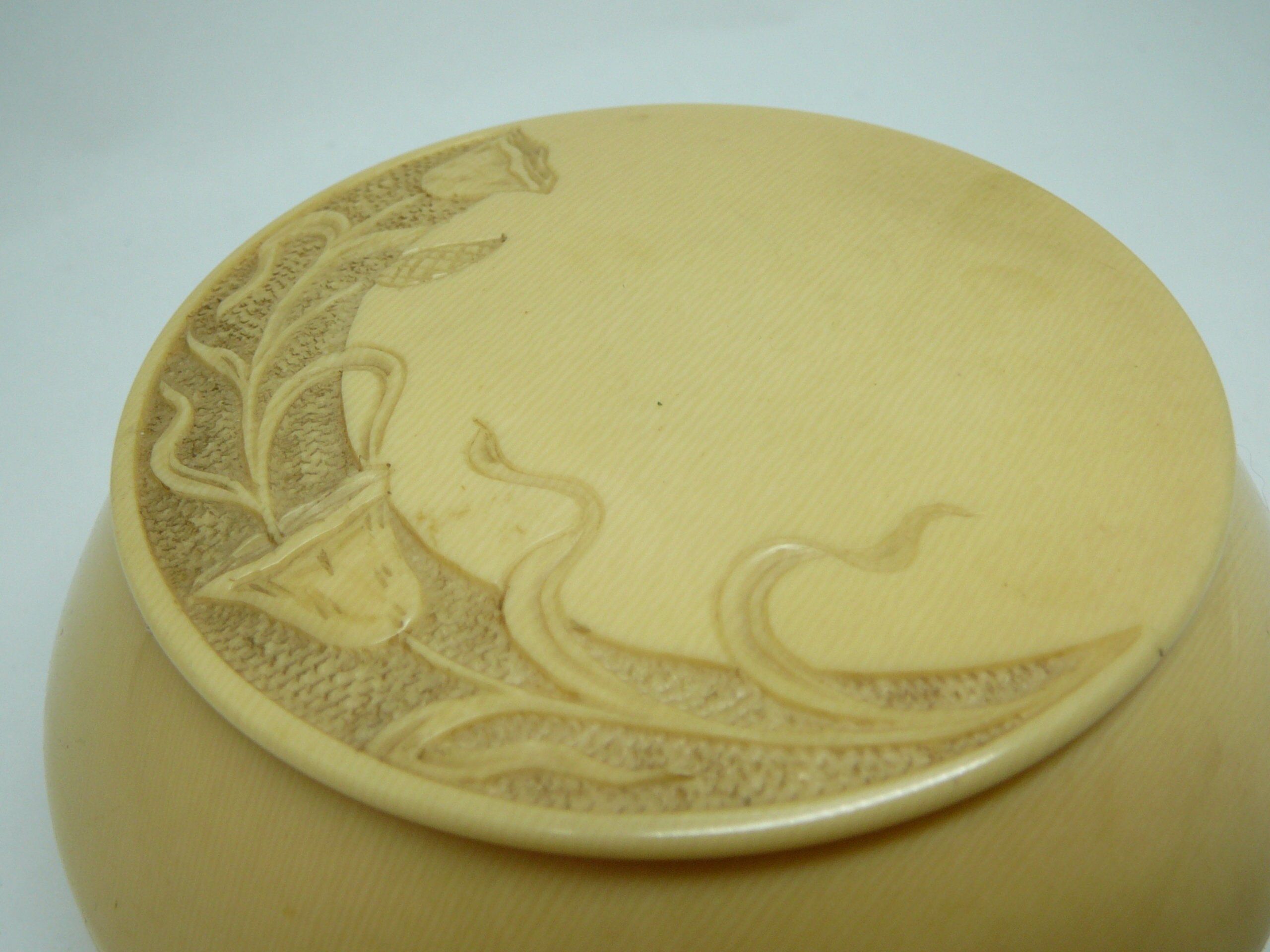 Vintage Celluloid French Ivory Powder Box Floral Design