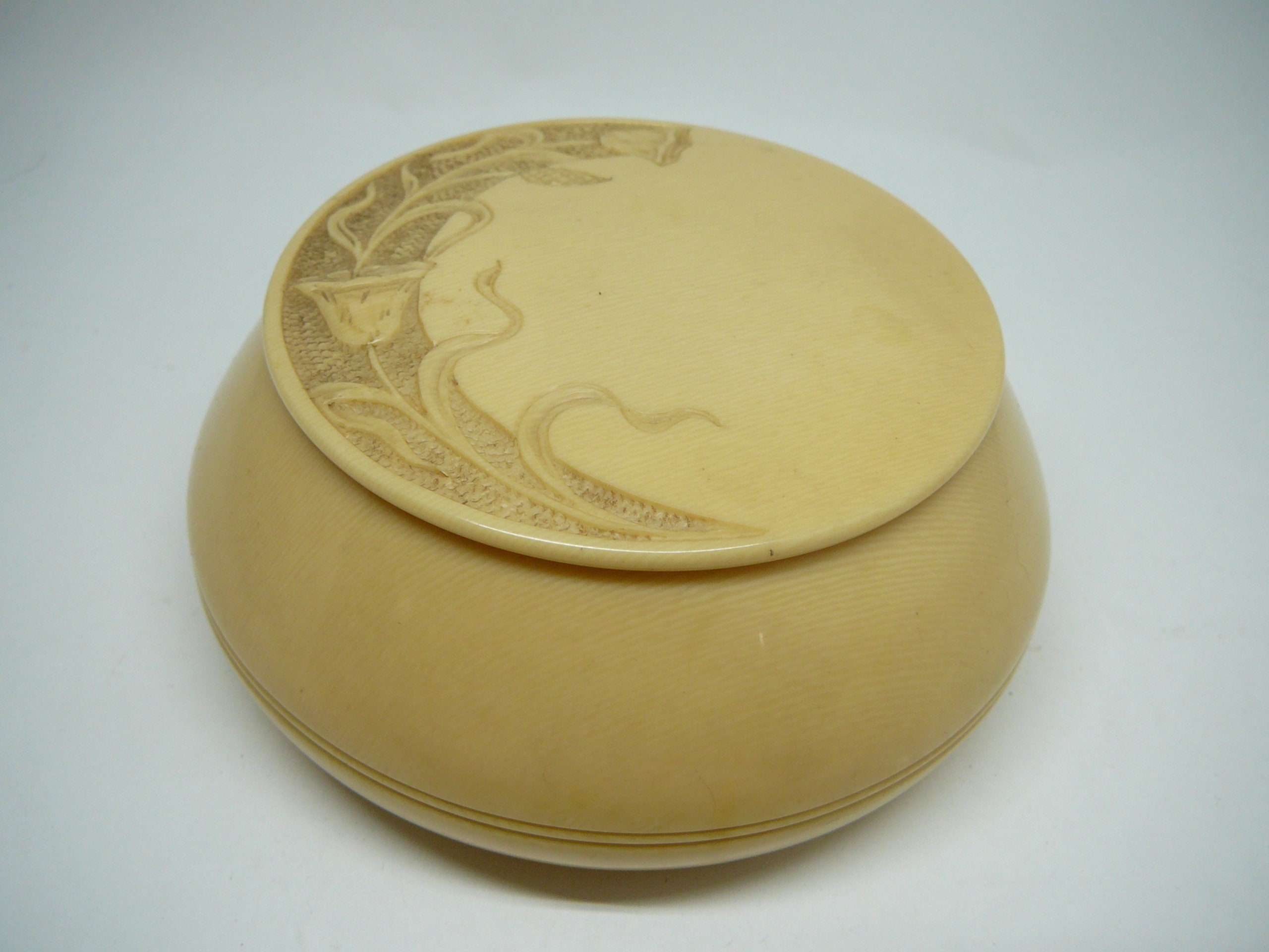 Vintage Celluloid French Ivory Powder Box Floral Design