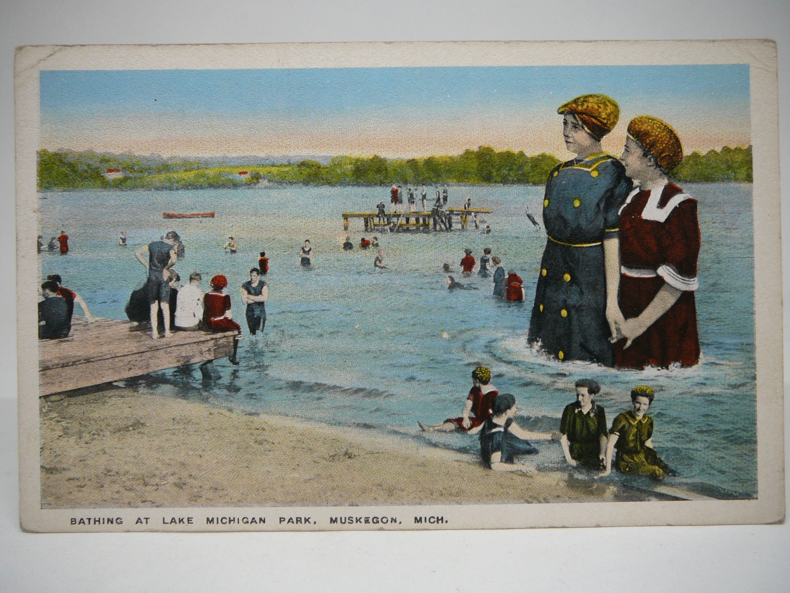 Antique Postcard Lake Michigan Park, Bathing, Large-Size Girls ...