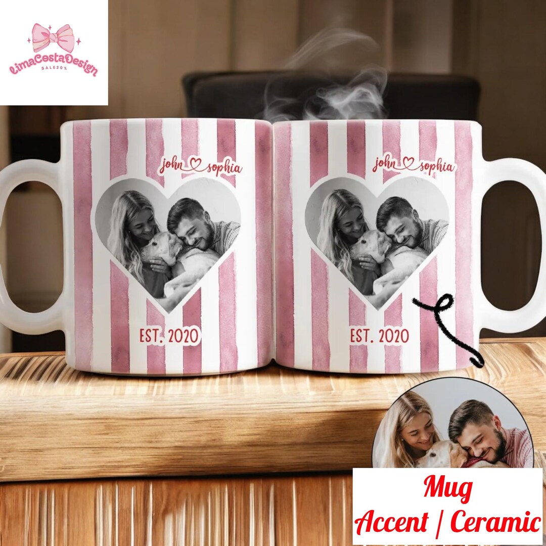 Personalized Couple Photo Mug, Custom Heart Photo Mug, Names & Date ...