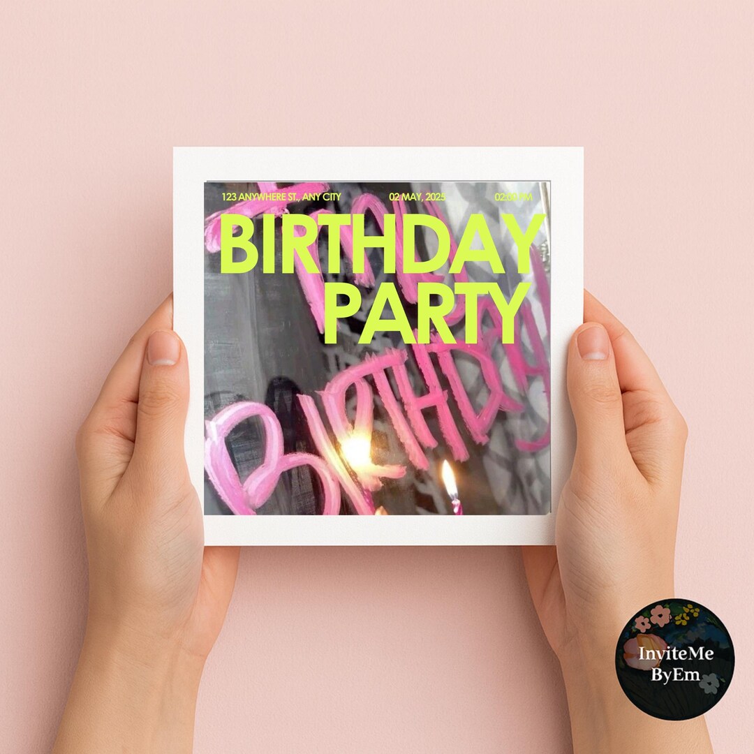 Neon Pink Mirror Birthday Invitation Template | Editable Digital Invite ...