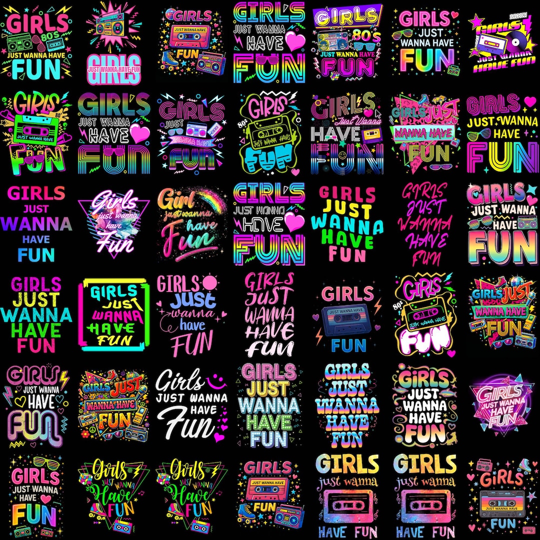 Girls Just Wanna Have Fun PNG Bundle, 80's Neon Retro PNG, Pink 80's ...