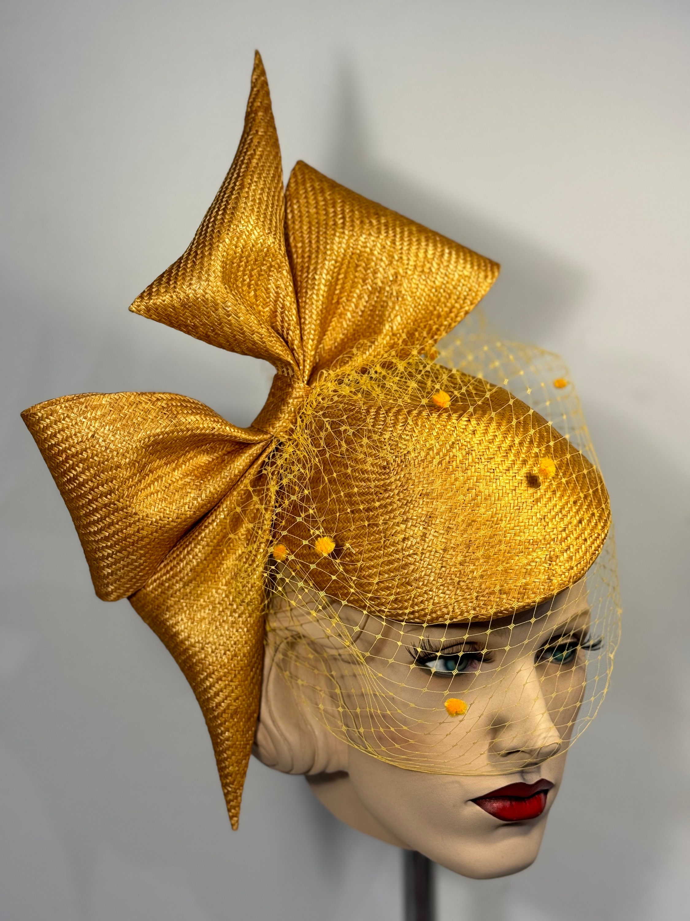 Couture Parasisal Fascinator With Bow, Headpiece, Old Gold, Mustard ...